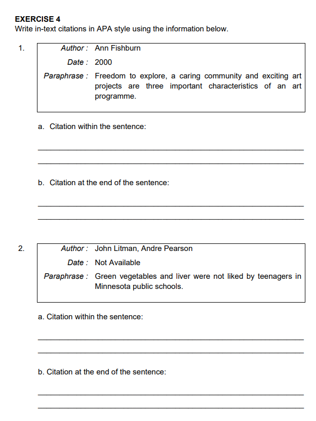 Solved EXERCISE 4 Write in-text citations in APA style using | Chegg.com