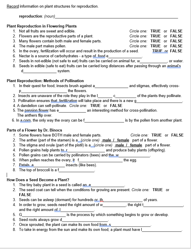 Parts Of Flower Pollination And Fertilization Worksheet Answers | Best ...