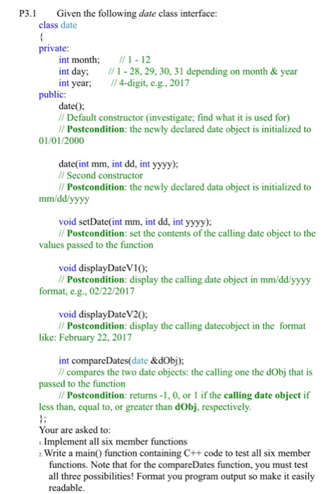 Solved Given The Following Date Class Interface Class Date