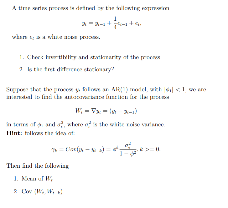 Solved A time series process is defined by the following | Chegg.com