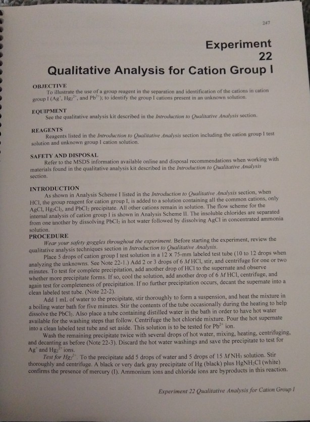 Solved Experiment 22 Qualitative Analysis for Cation Group 1 | Chegg.com