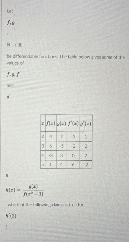 Solved Let F G R→r Be Differentiable Functions The Table
