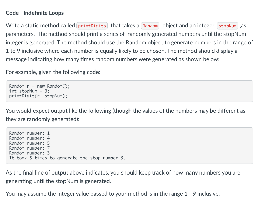 Solved Code - Indefinite Loops Write a static method called | Chegg.com