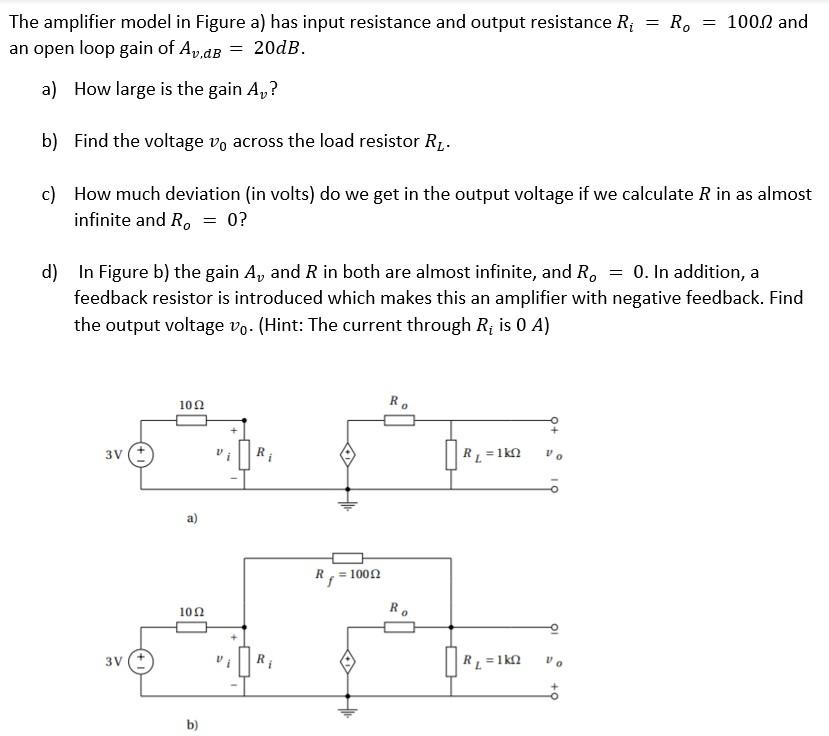 Solved The amplifier model in Figure a) has input resistance | Chegg.com
