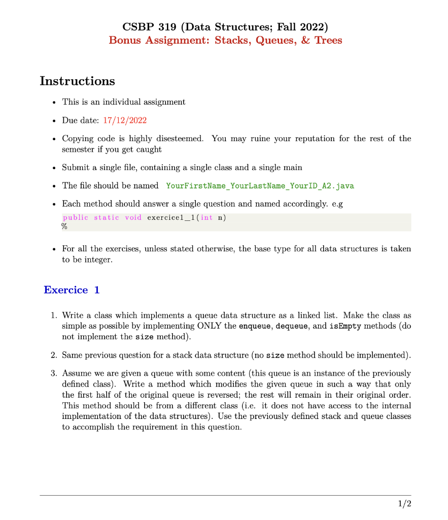 Solved CSBP 319 (Data Structures; Fall 2022) Bonus | Chegg.com
