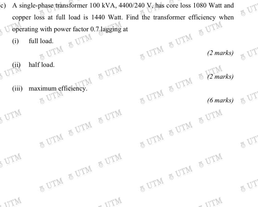 Solved V, has Ö UT C) A single-phase tra transformer 100 | Chegg.com