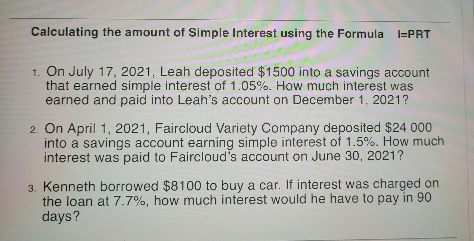 Solved Calculating the amount of Simple Interest using the | Chegg.com