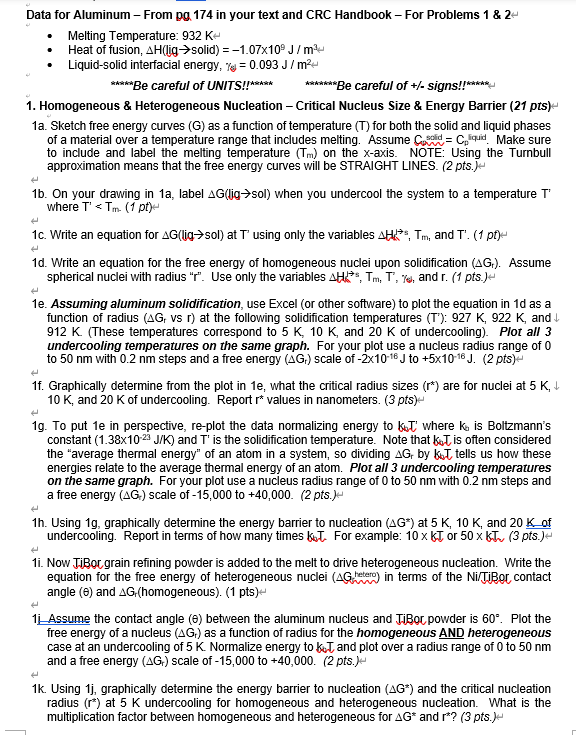 Solved Data for Aluminum - From pg 174 in your text and CRC | Chegg.com