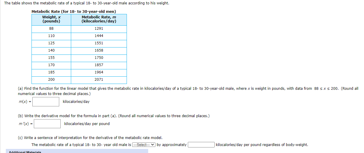 Solved The table shows the metabolic rate of a typical 18- | Chegg.com