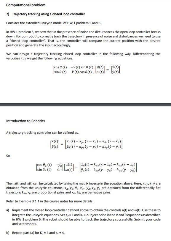 Solved Computational problem 7) Trajectory tracking using a | Chegg.com