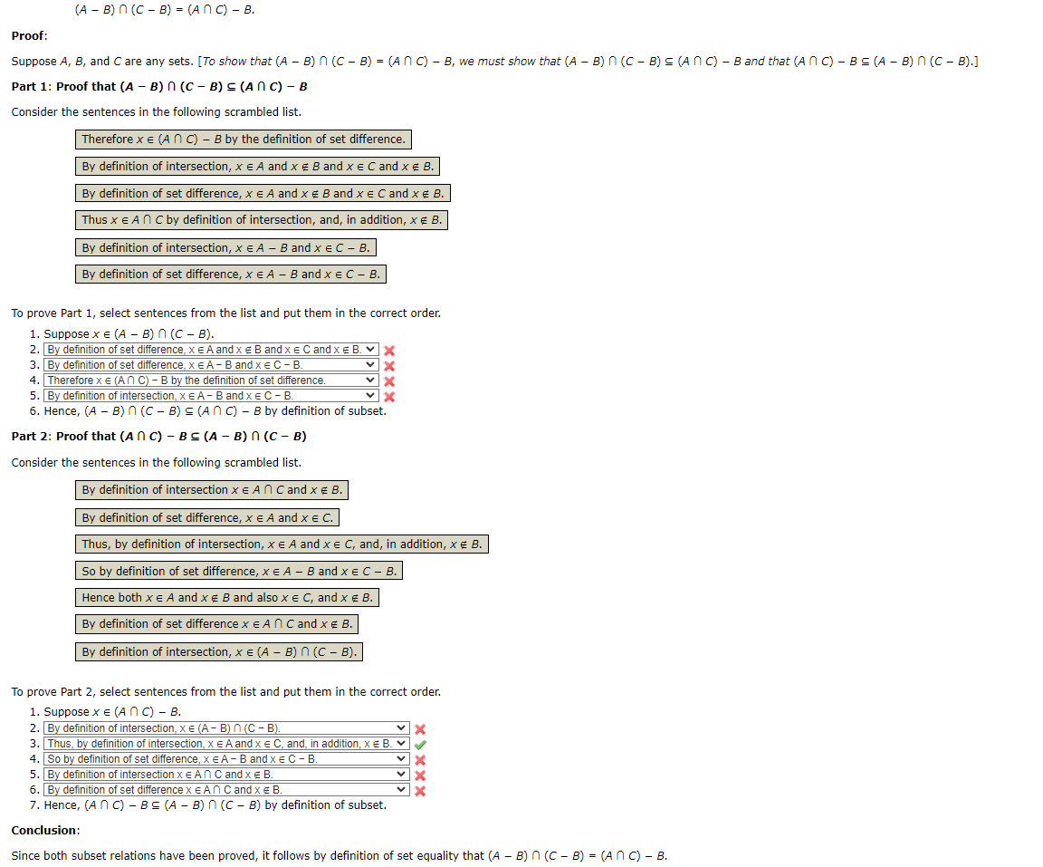 Solved (A−B)∩(C−B)=(A∩C)−B Proof: Suppose A,B, and C are any | Chegg.com