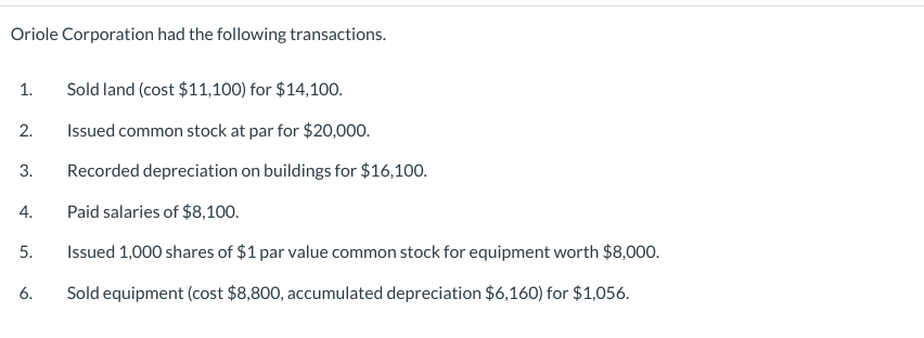 Solved Oriole Corporation had the following transactions. 1. | Chegg.com