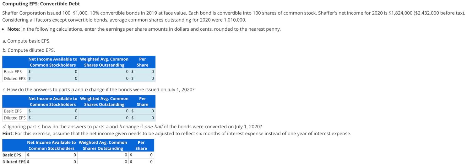Solved Computing EPS: Convertible Debt Shaffer Corporation | Chegg.com