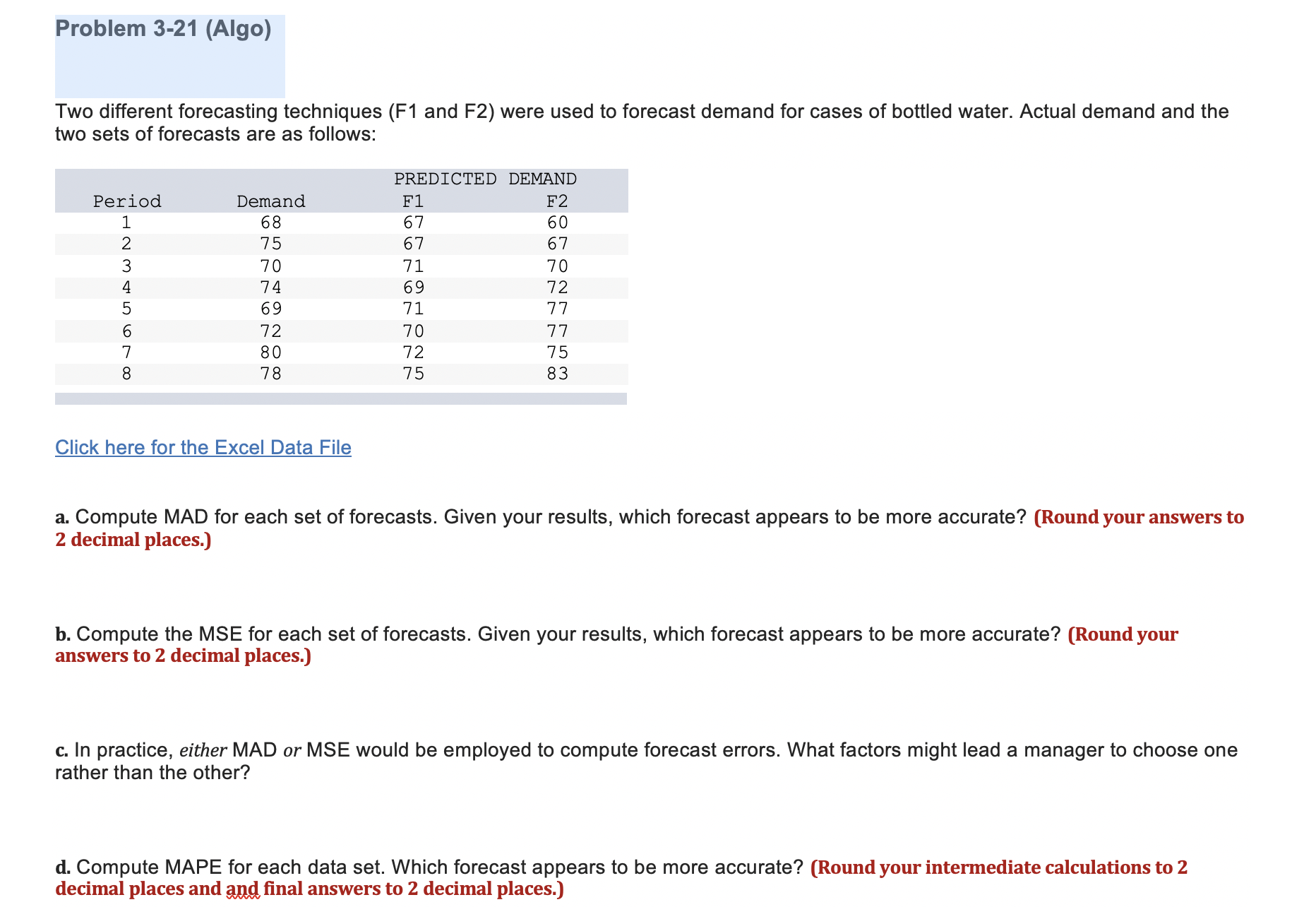 Solved Problem 3-21 (Algo) Two different forecasting | Chegg.com