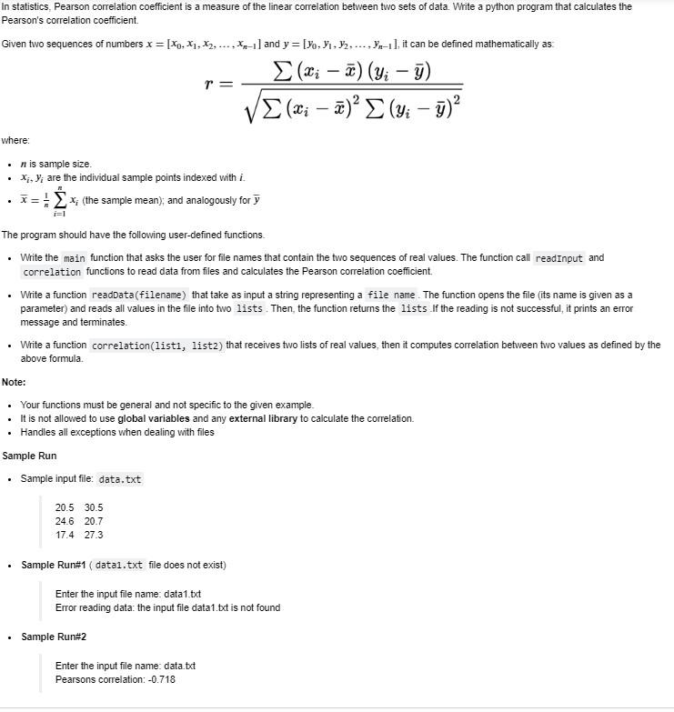 Solved In statistics, Pearson correlation coefficient is a | Chegg.com