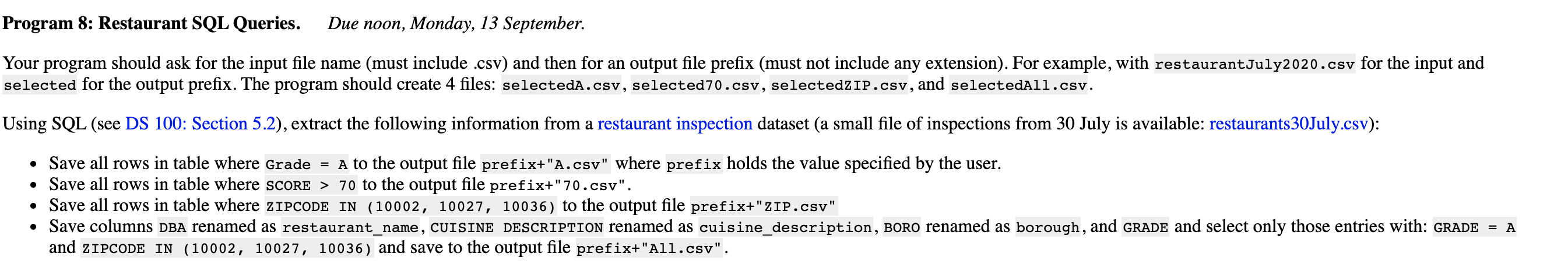 Program 8: Restaurant SQL Queries. Due noon, Monday, | Chegg.com