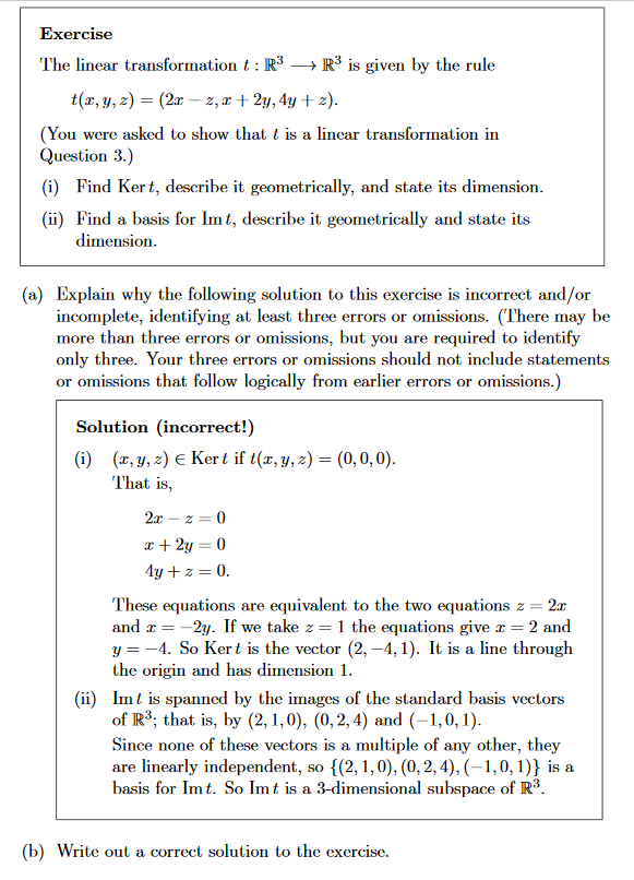 Solved Exercise The linear transformation t: R3 R3 is given | Chegg.com