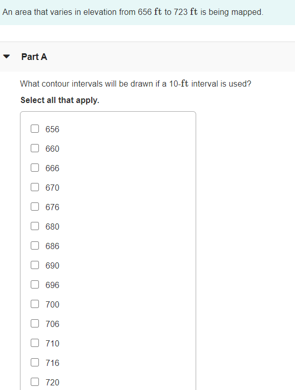 Solved An area that varies in elevation from 656 ft to 723 | Chegg.com