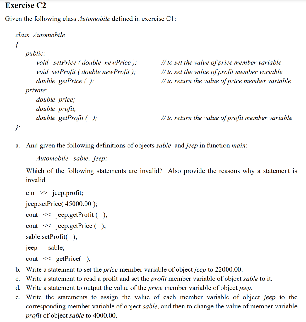 Solved Exercise C2 Given the following class Automobile | Chegg.com