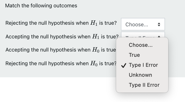 Solved Match the following outcomes Rejecting the null | Chegg.com