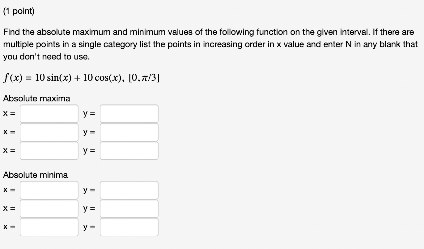 Solved (1 ﻿point)Find the absolute maximum and minimum | Chegg.com