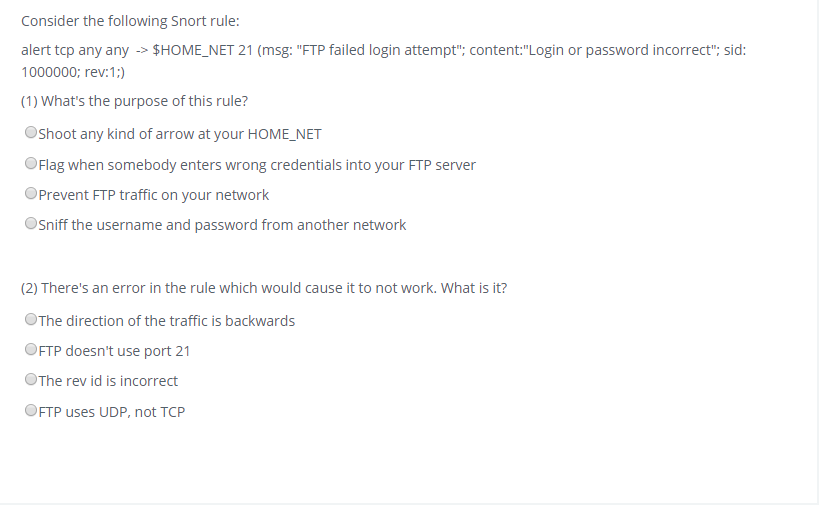 Solved Consider the following Snort rule: alert tcp any any | Chegg.com