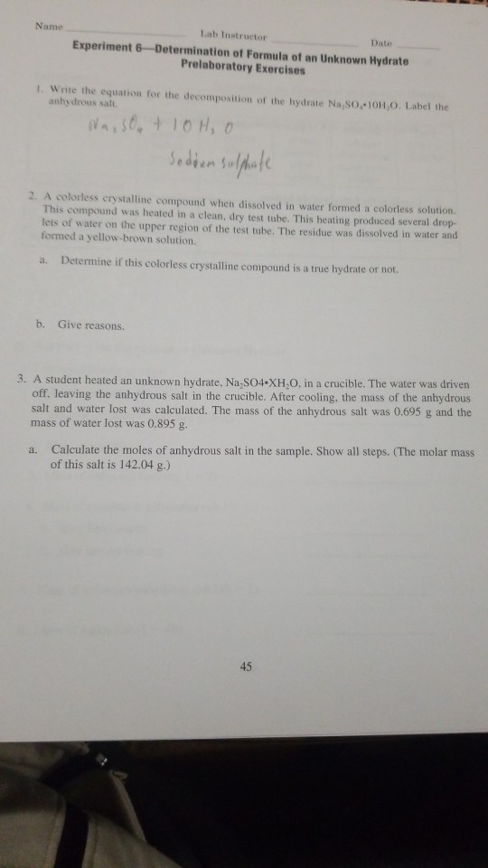 Solved Name Experiment 6 Lab Instructor Date Determination | Chegg.com