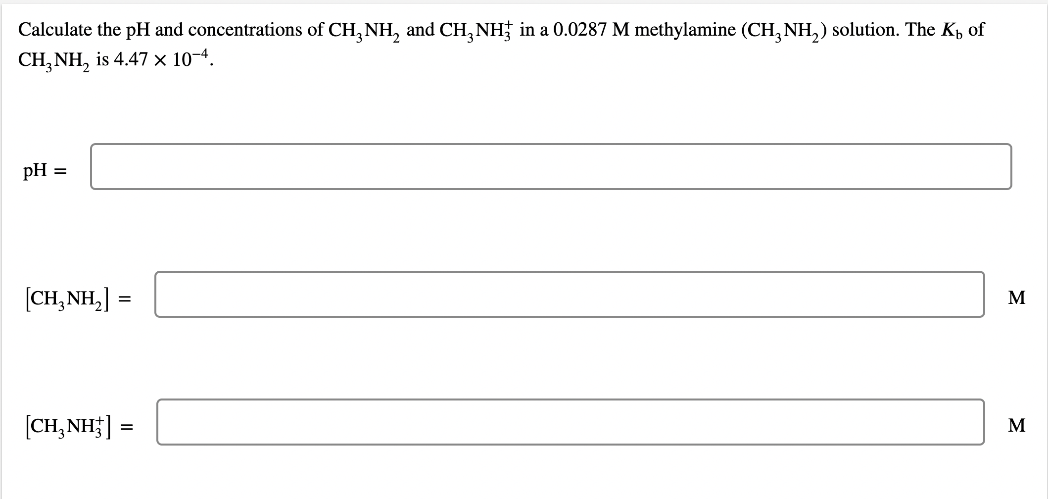 Solved Calculate the pH and concentrations of CH3NH2CH3NH2 | Chegg.com