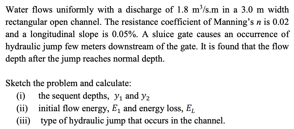Solved Water flows uniformly with a discharge of 1.8 m3/s.m | Chegg.com