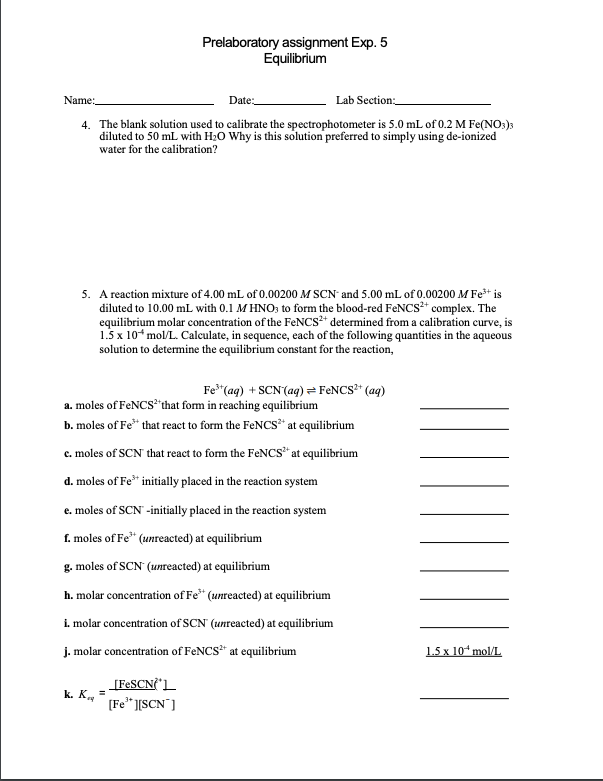 Solved Prelaboratory assignment Exp. 5 Equilibrium Name: | Chegg.com Solved Prelaboratory assignment Exp. 5 Equilibrium Name: | Chegg.com