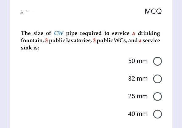 Solved MCQ The size of CW pipe required to service a | Chegg.com