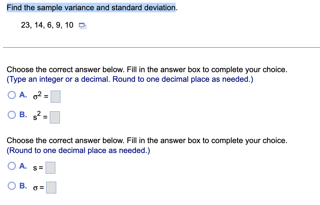 Solved Find the sample variance and standard deviation. | Chegg.com