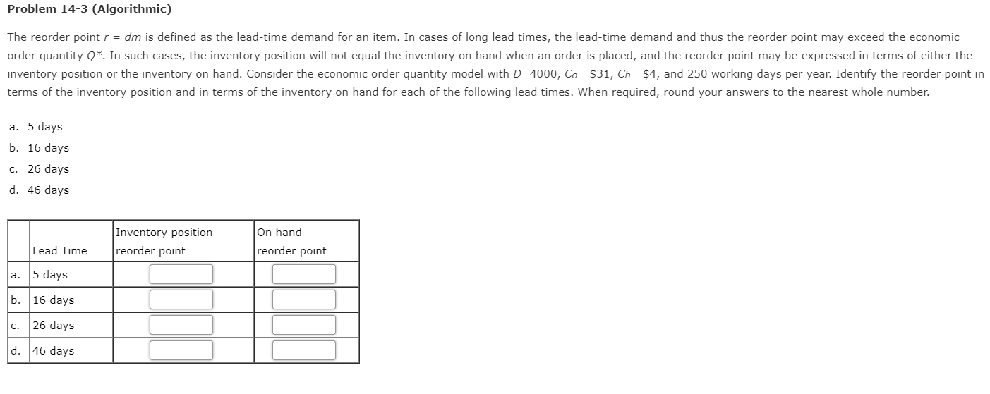 Solved Problem 14-3 (Algorithmic) The reorder point r = dm | Chegg.com