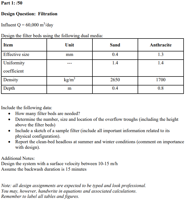 Solved Part 1: /50 Design Question: Filtration Influent Q = | Chegg.com