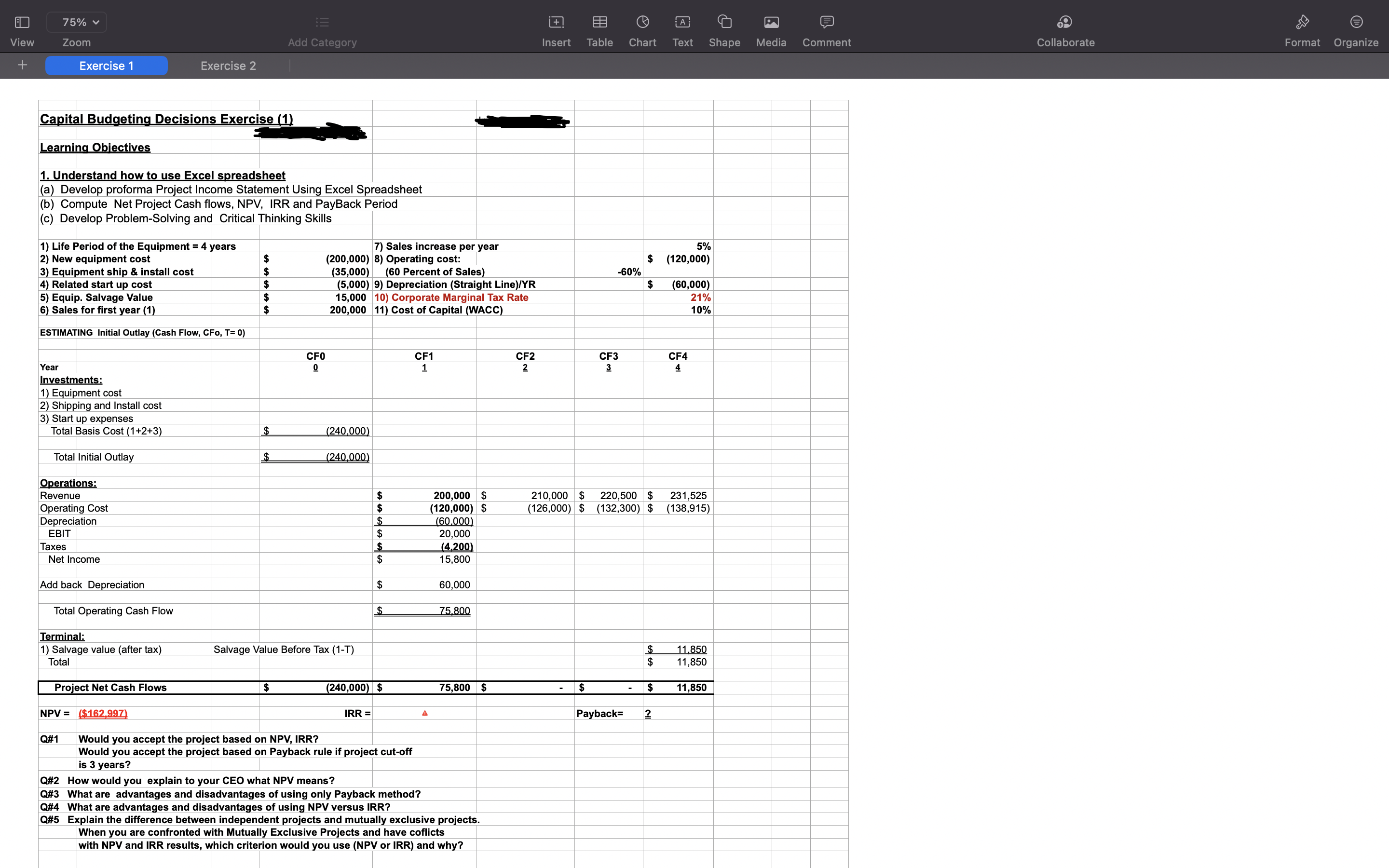Capital Budgeting Decisions Exercise (1) Learning | Chegg.com