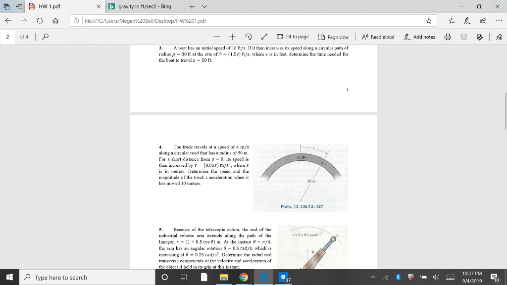 Solved E D → of 4 HW 1.pdf 0 gravity in ft/sec2 - Bing + V | Chegg.com