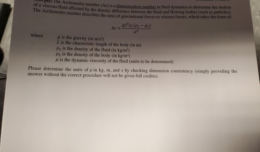 Solved (100 pis) The Archimedes number (Ar) is a | Chegg.com