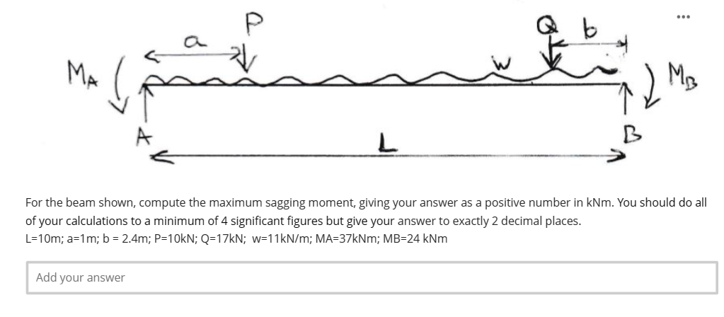 Solved For the beam shown, compute the maximum sagging | Chegg.com