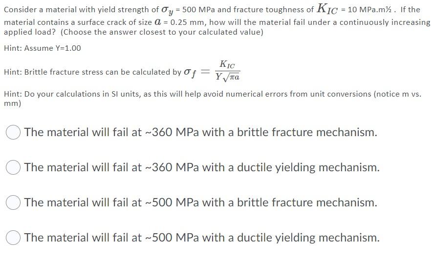Solved Consider a material with yield strength of Oy = 500 | Chegg.com