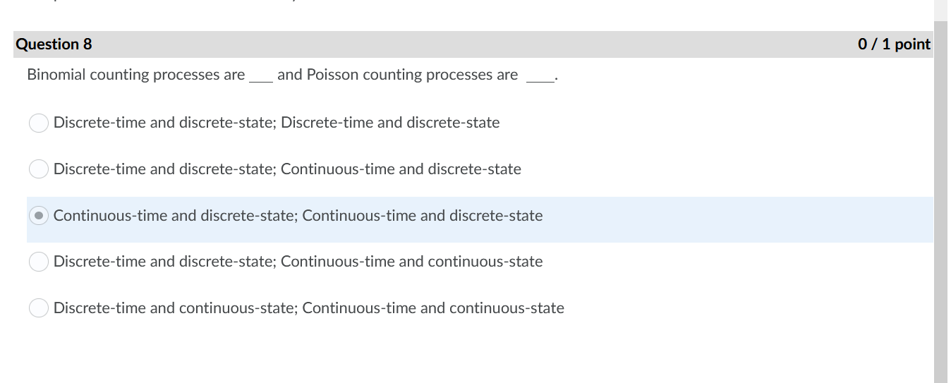 Solved Question 8 0 / 1 point Binomial counting processes | Chegg.com