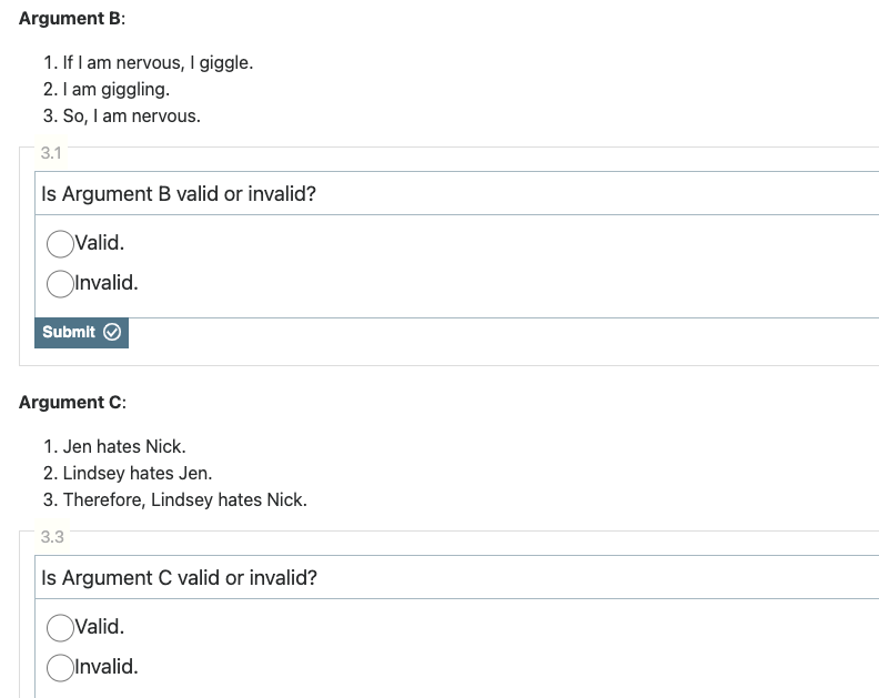 Solved Argument B: 1. If I am nervous, I giggle. 2. I am | Chegg.com