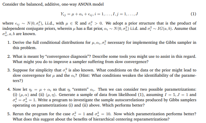 Consider the balanced, additive, one-way ANOVA model | Chegg.com