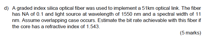 Solved d) ﻿A graded index silica optical fiber was used to | Chegg.com