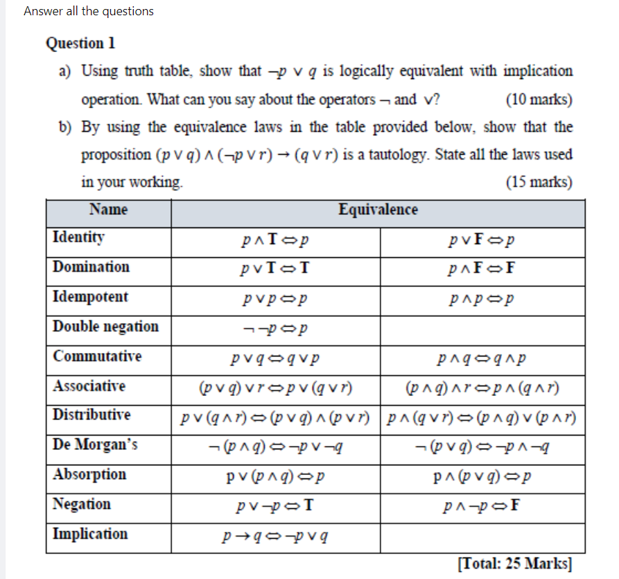 Solved Answer all the questions Question 1 a) Using truth | Chegg.com