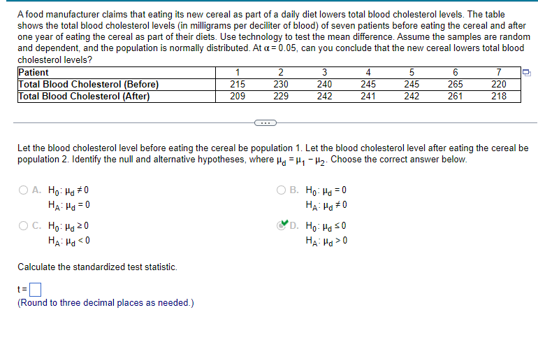 Solved b. Calculate the standardized test statistic. t= | Chegg.com