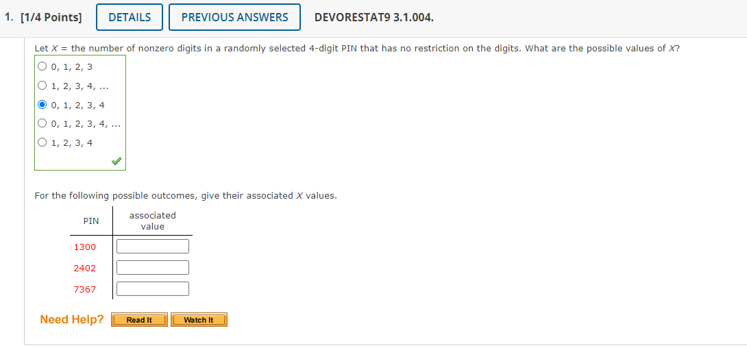 Solved 1. [1/4 points) DETAILS PREVIOUS ANSWERS DEVORESTAT9 | Chegg.com