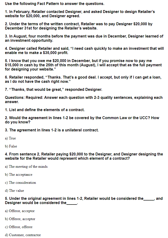 Solved Use the following Fact Pattern to answer the | Chegg.com