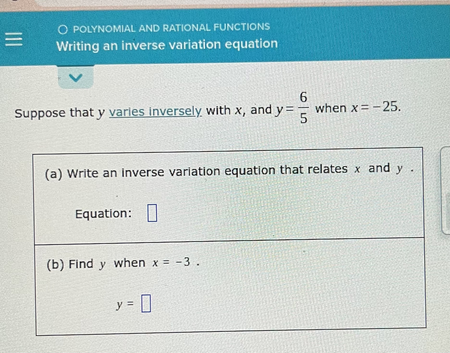 Solved Suppose that y varies inversely with x, and y=56 when | Chegg.com