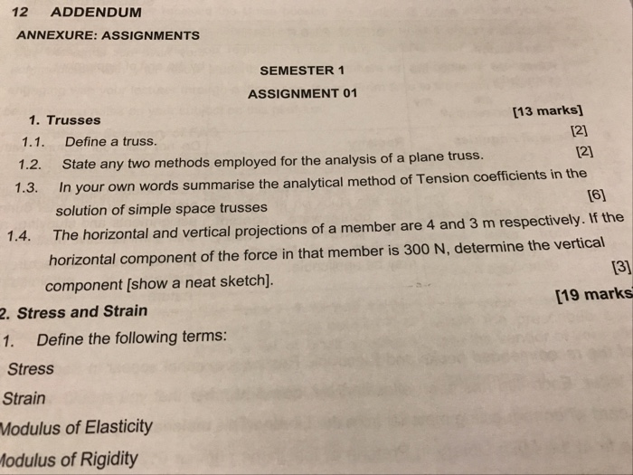 Solved 12 ADDENDUM ANNEXURE: ASSIGNMENTS SEMESTER1 | Chegg.com