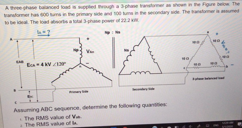 Solved A three-phase balanced load is supplied through a | Chegg.com